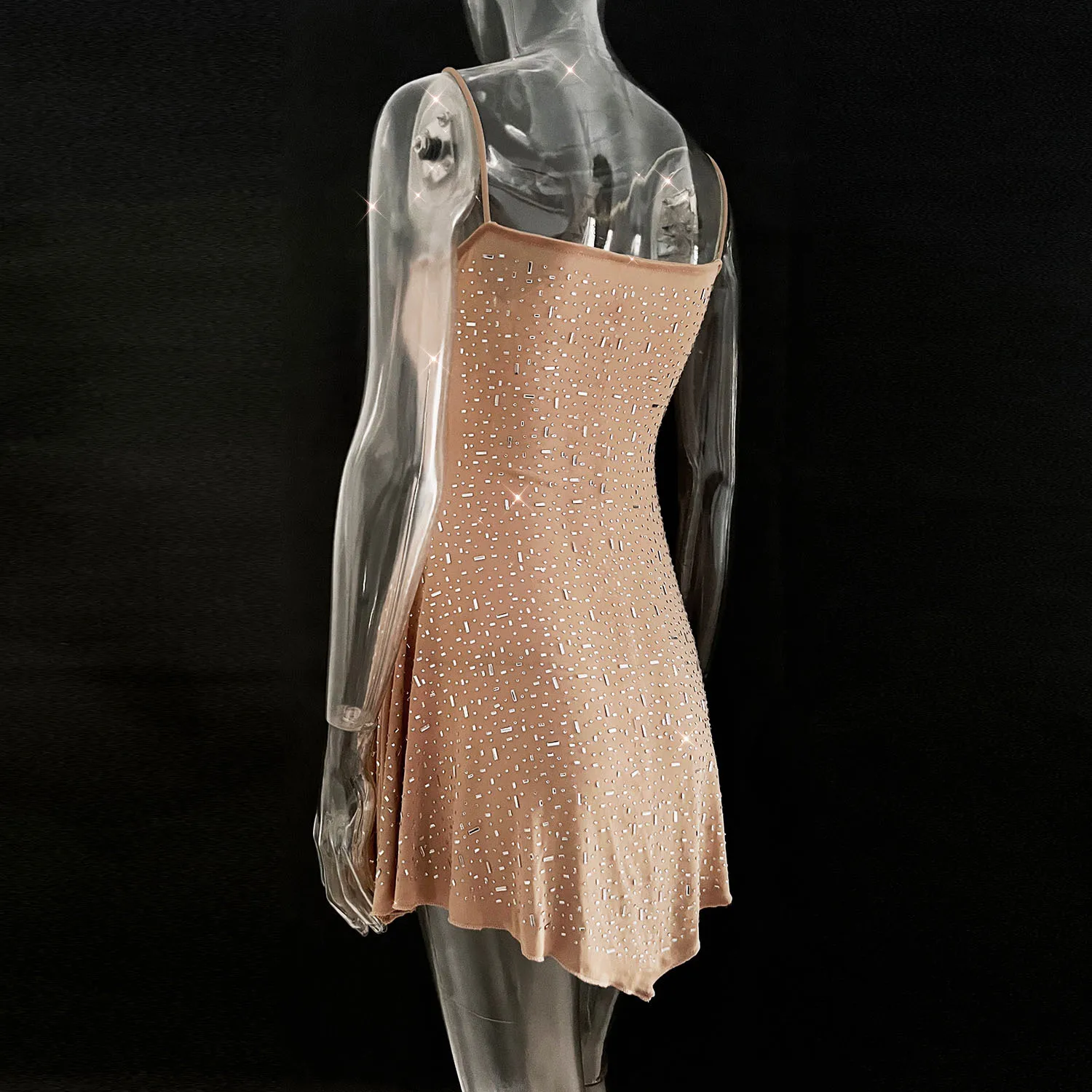Fashion Sexy Sheer Embellished Scoop Neck Sling Mini Dress Casual Women ...