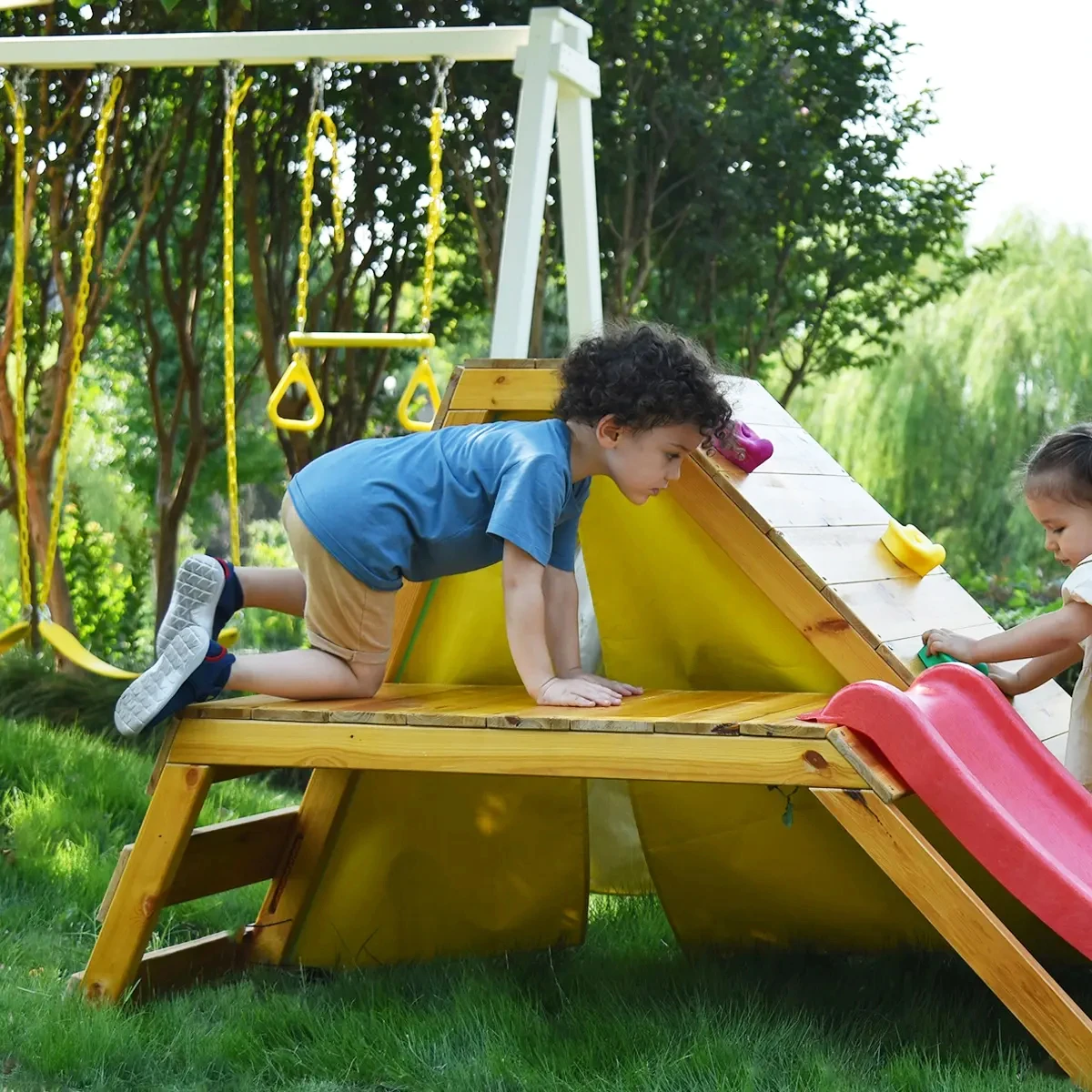 Children Garden Play Tent Wooden Playhouse Climbing Frame With Slide ...