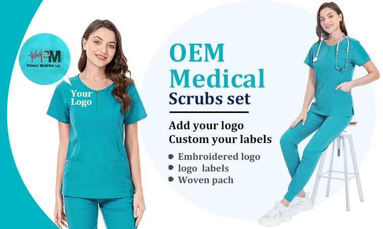 Logo Custom Scrubs Uniforms Sets Light Color Teal Green Doctor Hospital Medical Elastic Waist