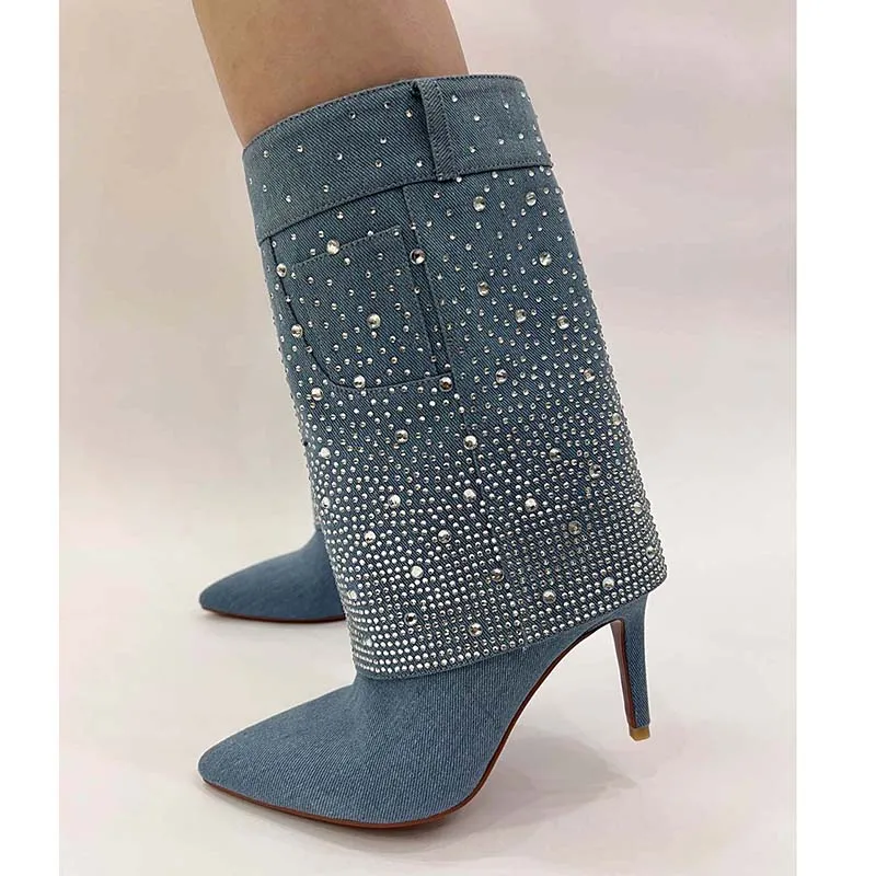 New Stylish Denim Rhinestone Mid-calf Stiletto Heel Boots For Women ...