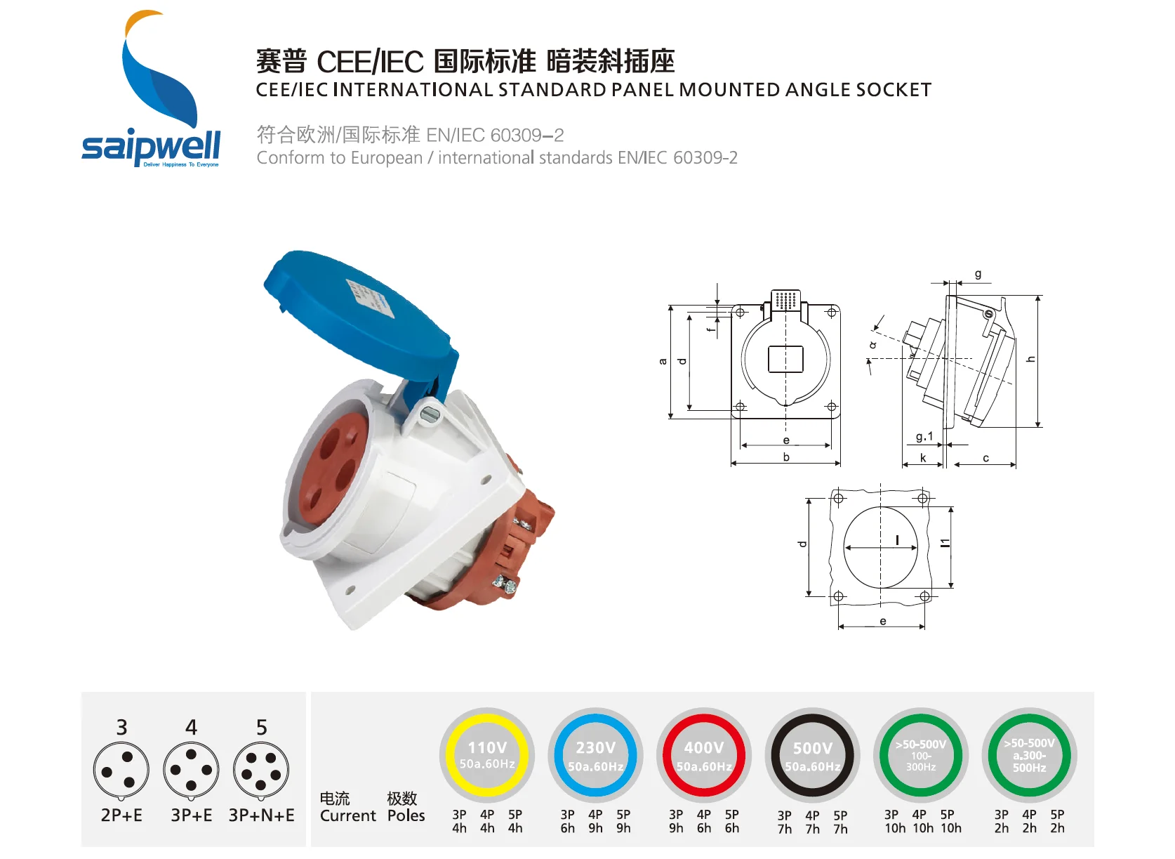 Sp-1492 2p+e Industrial Socket Ip44 Ce Socket 230v 32a European ...