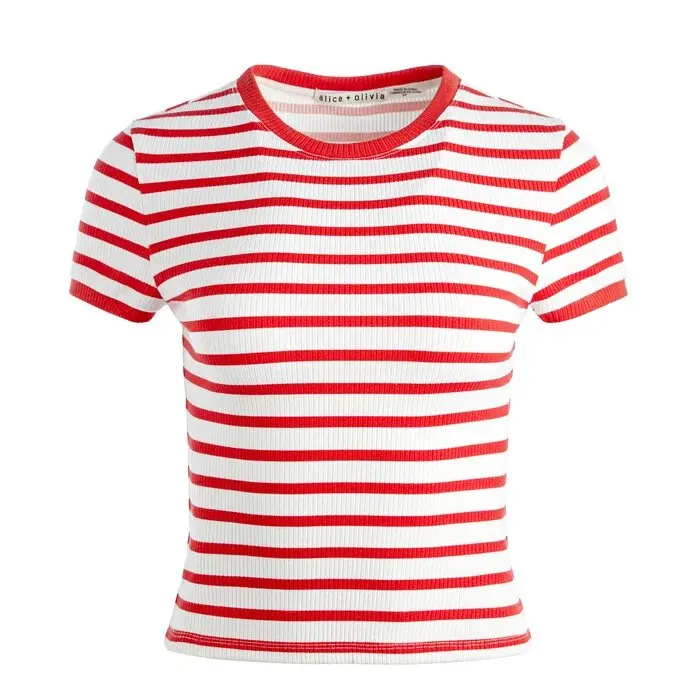 Casual Women Red And White Stripe Tops Short Sleeve Fashion Tops High ...