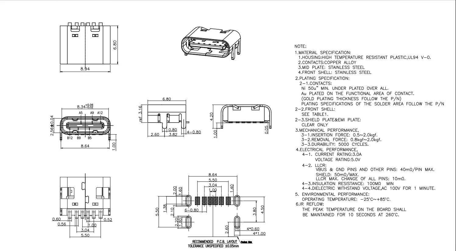 USB C Female Connector - 6pin Type C Interface for PCB