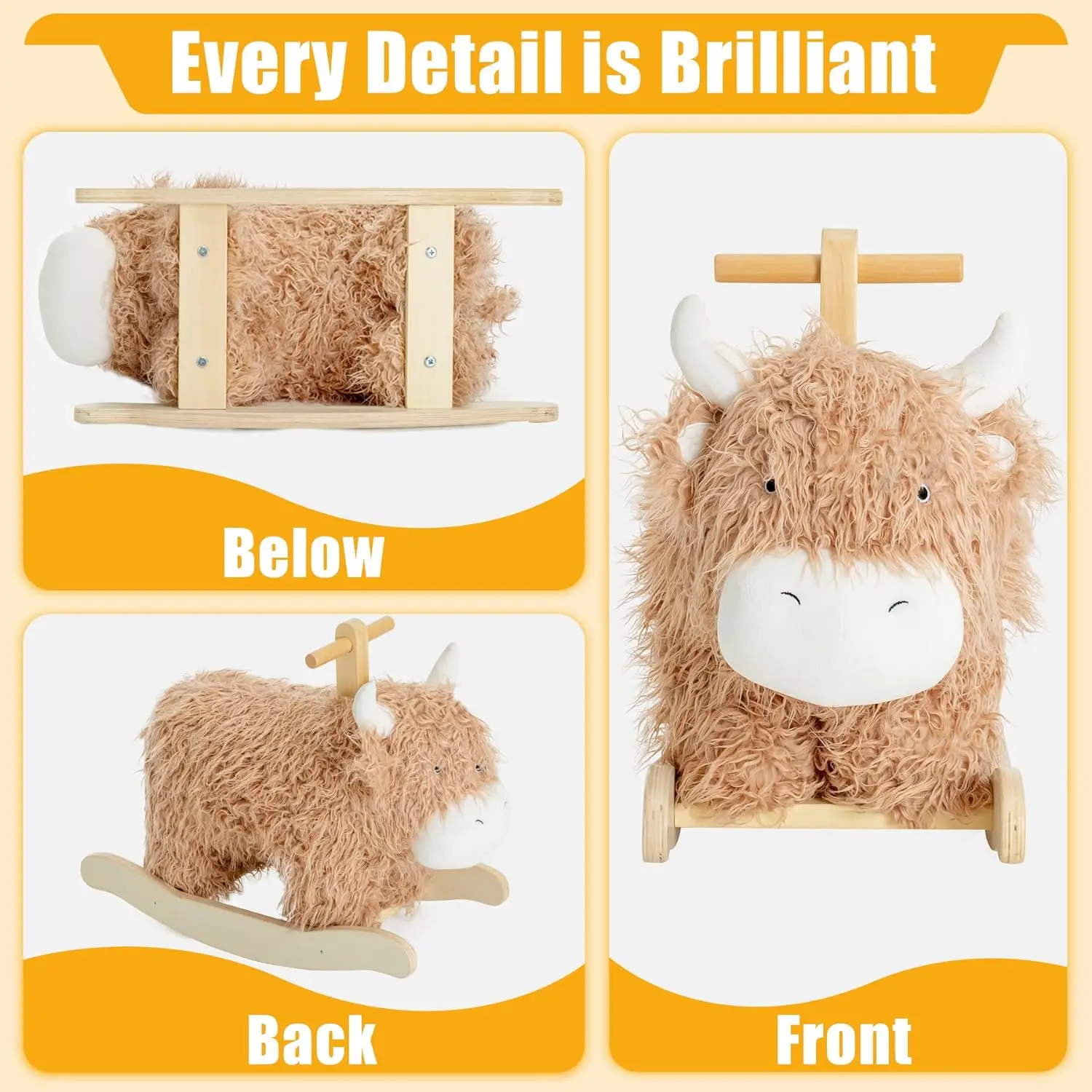 Wooden Cow Yak Horse Rocking With Wicker Plush Wooden Ride On Toy For 2 ...