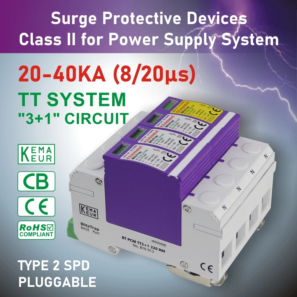 Telebahn 150V 275V 320V 385V AC T2 3P+N TT3+1 SPD 20kA 40kA KEMA-KEUR Power Low Voltage Three ...