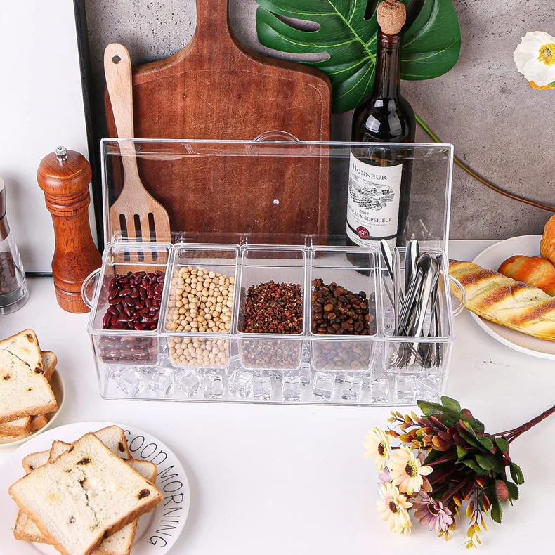 Plastic Clear Ice Chilled Condiment Caddy - 5 Compartments