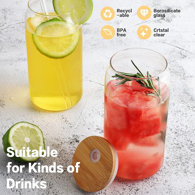 Custom 350ml 550ml Transparent Water Coffee Juice Sbeer Soda Can Glass Cup With Bamboo Lid And ...