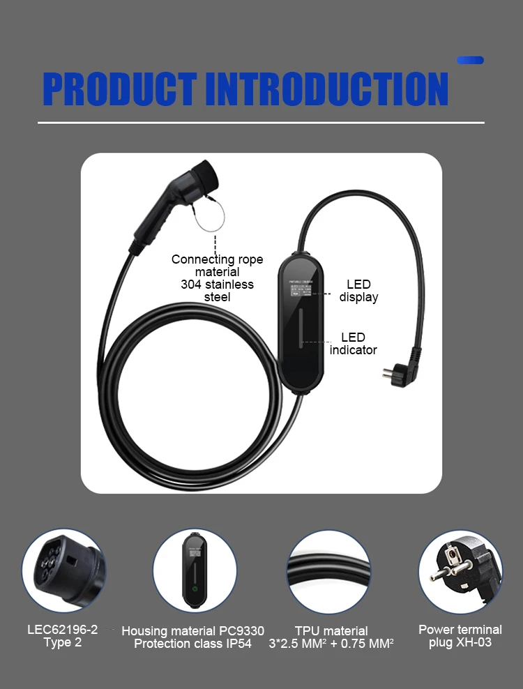 Ip67 10A 16A Adjustable Current Electric Car Charger 3.5KW