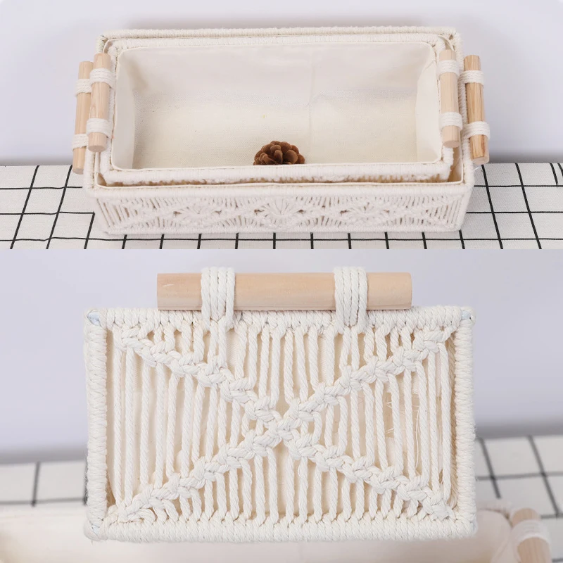 Handmade Woven Decor Macrame Storage Baskets Box Organizer With Wood ...