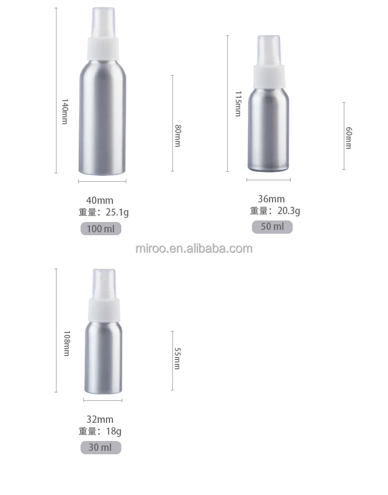 30ml 50ml 60ml 100ml 250ml 500ml Custom Empty Refill Silver Aluminum Metal Mist Spray Bottle ...