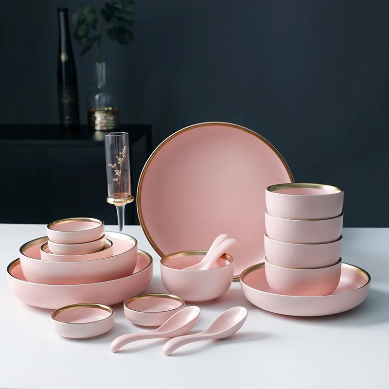 Nordic Style Porcelain Dinner Set with Gold Rim Colored Tableware