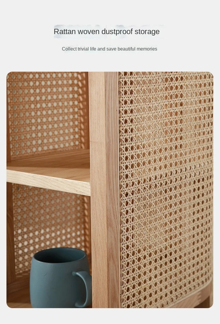 Japanese Style Solid Wood Rattan Bedside Table and Side Cabinet Locker