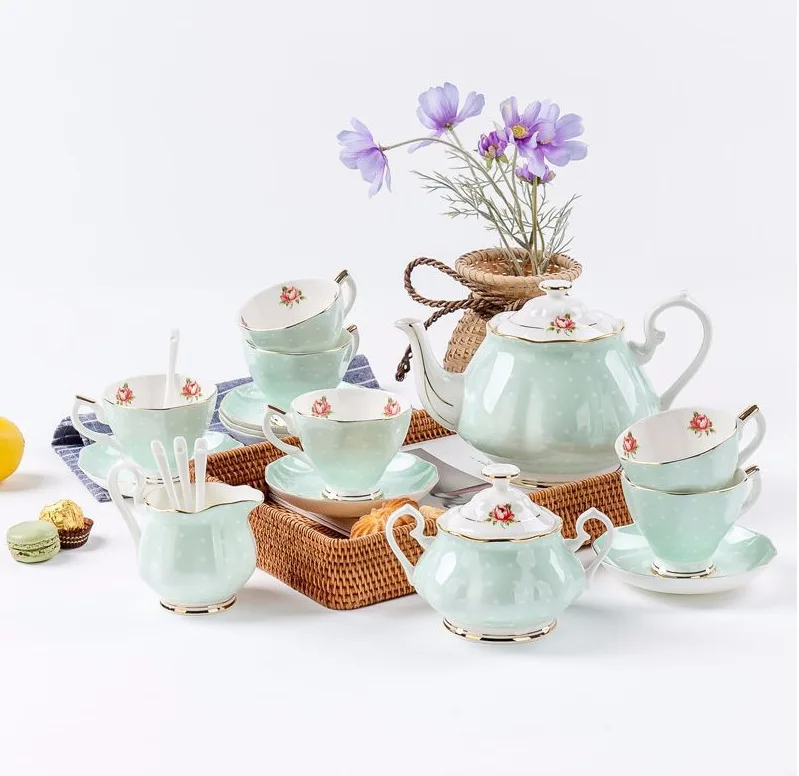Luxury Europe Style Gold Design Bone China Coffee Set Tea Cup Saucer Set 15 Pcs Porcelain Tea ...