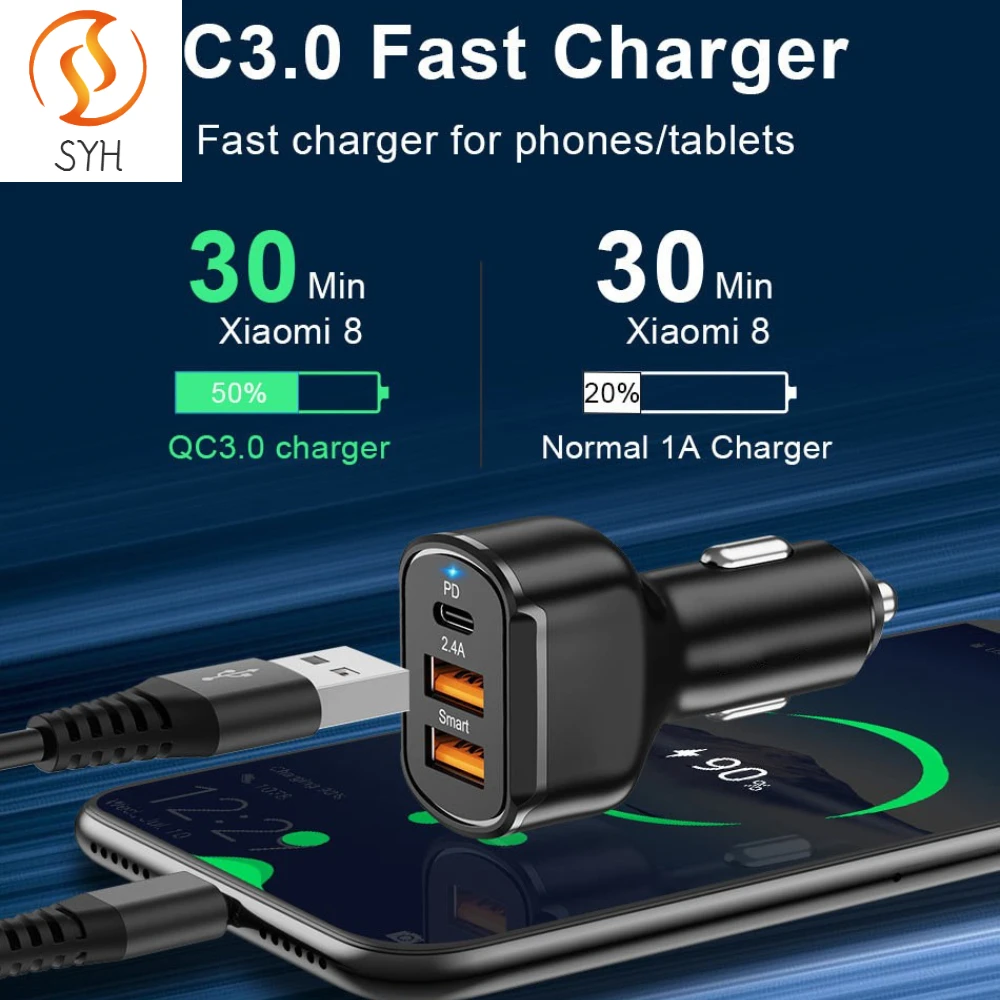 SYH Universal 30W 3 Ports PD+2.4A Dual USB Fast Charging Car Charger ...