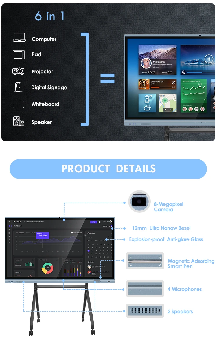 55 65 75 86 98 Inch 4K All in One Digital Interactive Whiteboard Smart LCD Flat Panel 20 Points ...