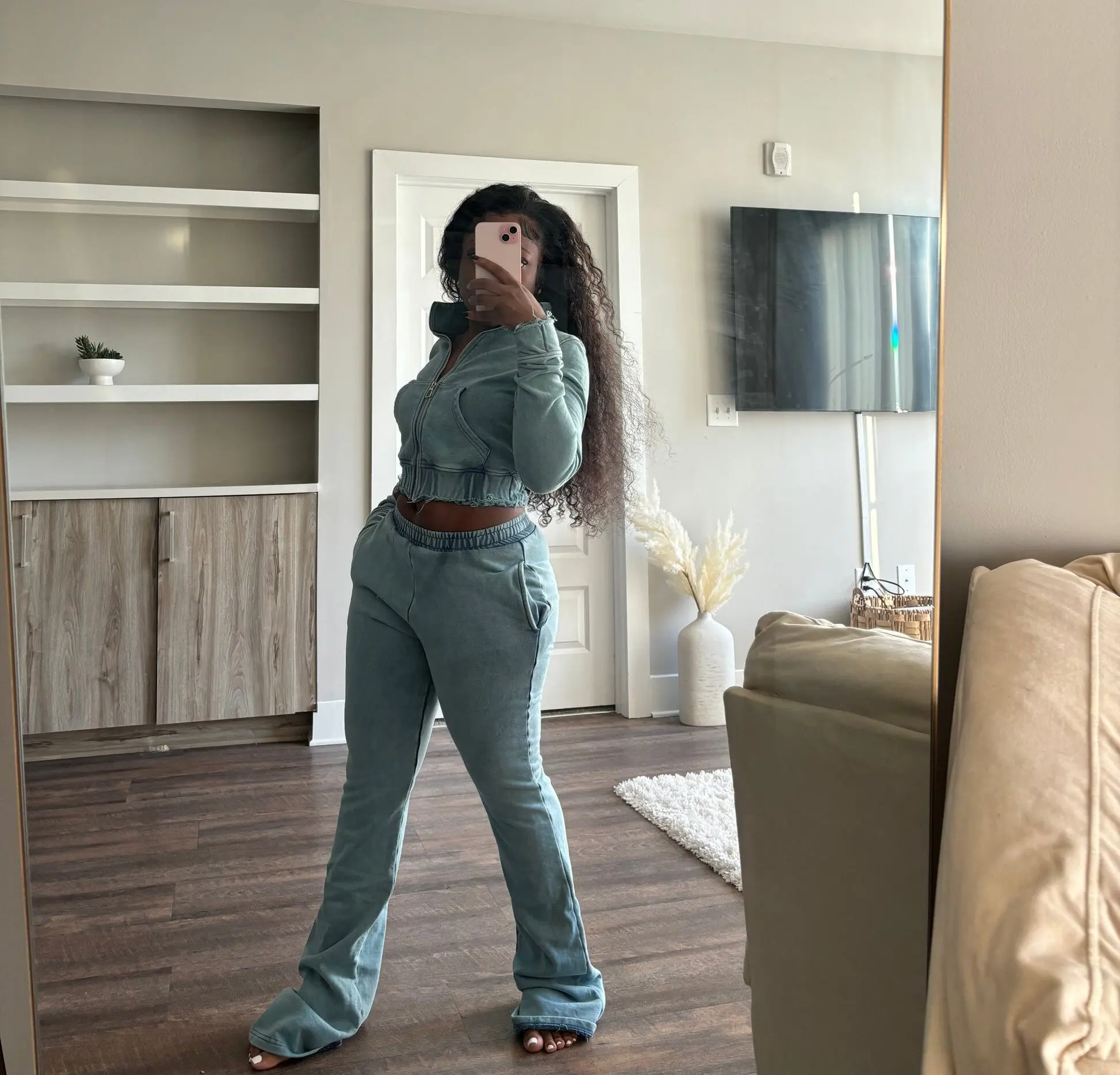 Custom Denim Set Women Two Piece Pant Distressed Plain