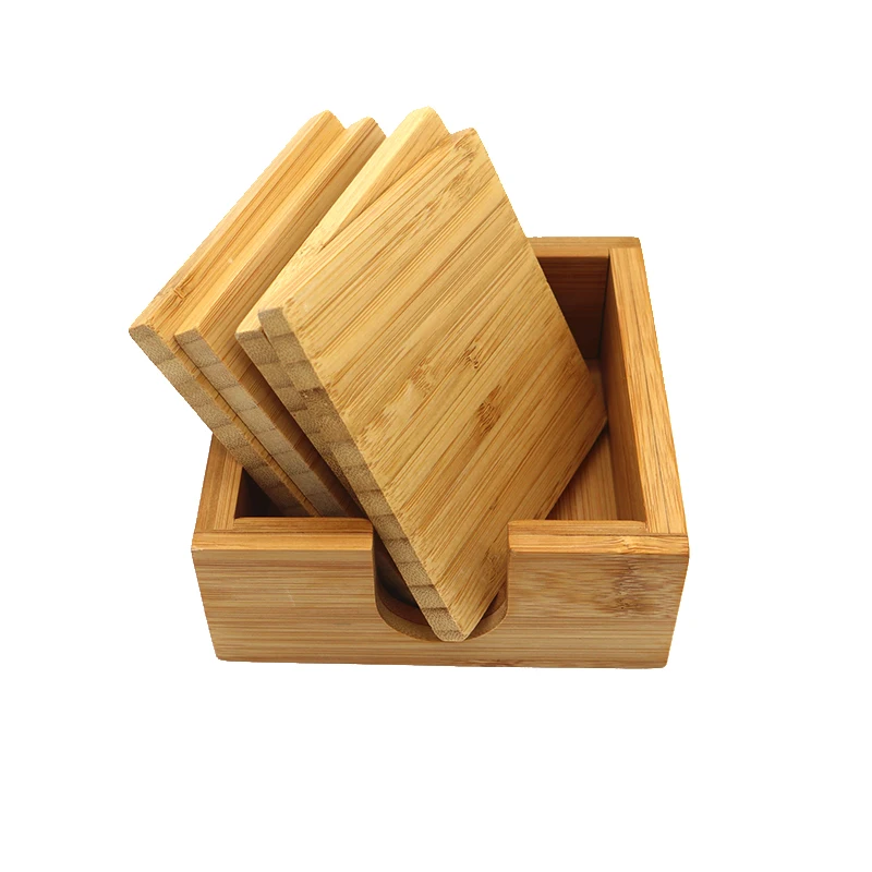 Modern Design Natural Bamboo Square Coffee Cup Coaster Set With Holder ...