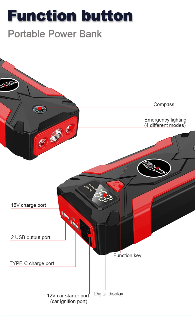 Portable Mini Jump Starter & Power Bank with 1000A Peak Current for 12V ...