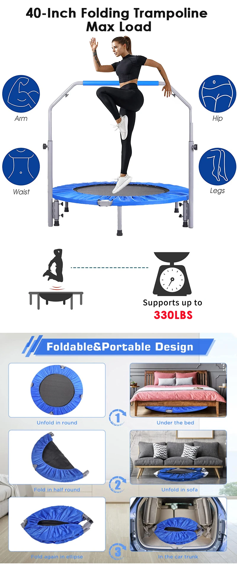 Foldable Jumping Bed Trampoline Rebounder Trampoline Mat 40 Inch Mini ...
