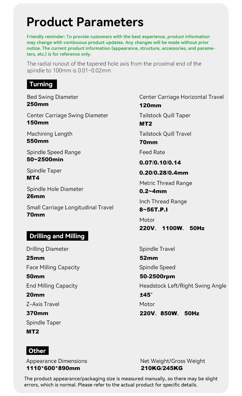 CT2520 Variable-Speed Lathe and Milling Machine 250mm Swing for Metal ...