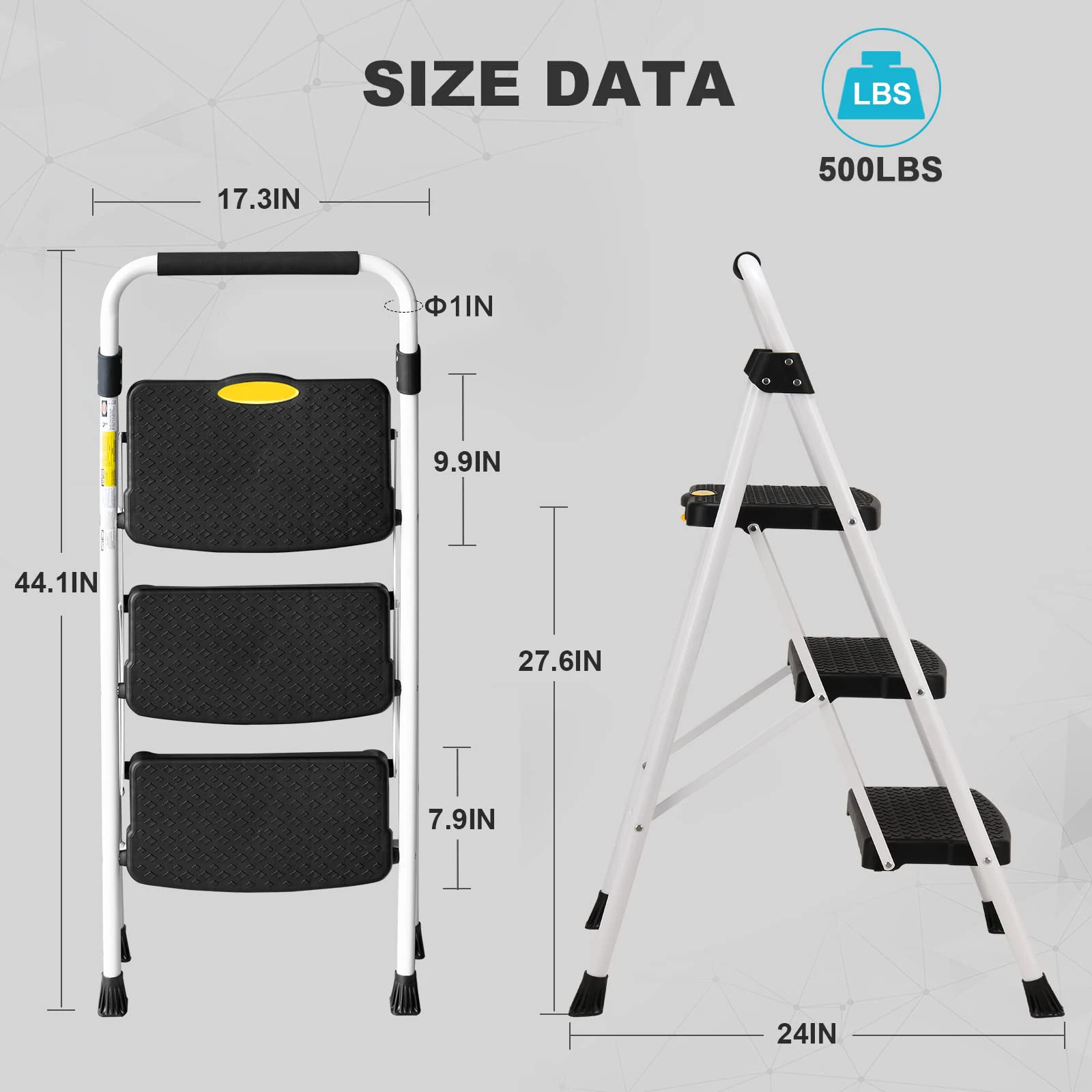 3 Step Ladder Folding Step Stool With Wide Anti-slip Pedal 500lbs ...