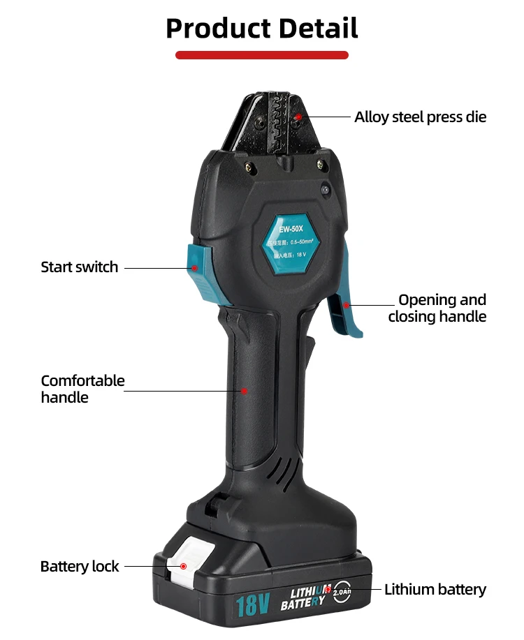 EW-50X Cordless Electric Crimp Tool for Wire Terminals - 16kN Pressure ...