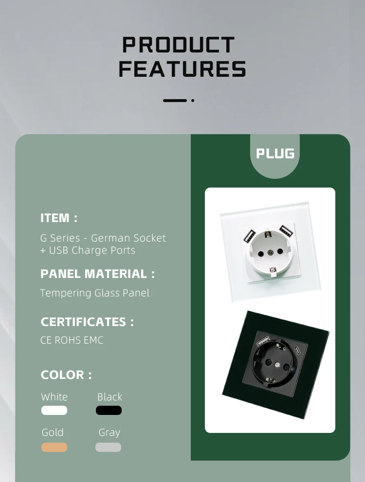 Colored Glass Panel Germany Wall Plug Socket With Usb Standard Eu ...