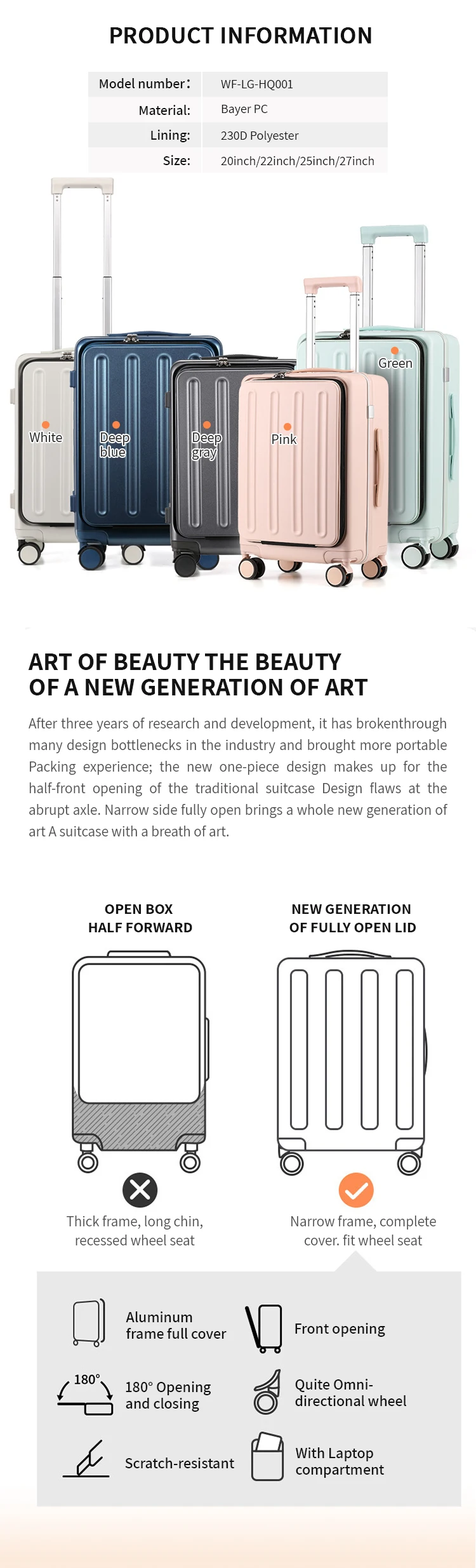 Worthfind Travel Pc Cabin Trolley Luggage Custom Business Front Open ...