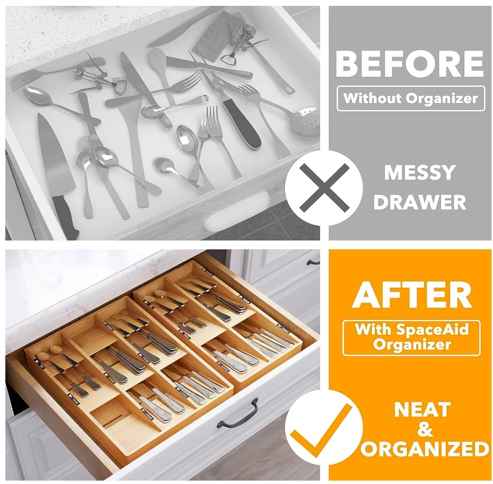 Bamboo Silverware Drawer Organizer With Labels,Kitchen Utensil Tray ...