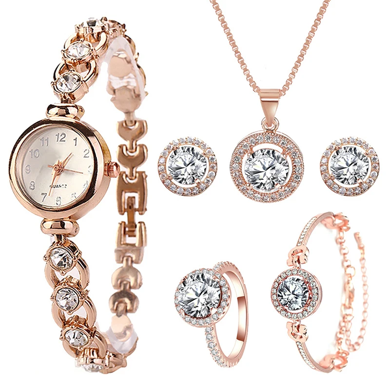 Luxury Women Watches Crystal Bracelet Stud Earring Necklace Set Ladies ...