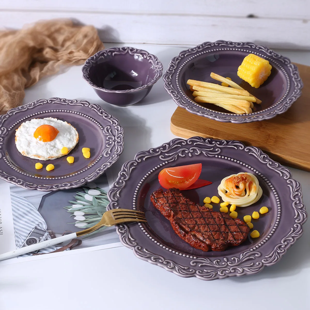 European Retro Ceramic Plate Dining Dish Set Fancy Embossed Purple ...