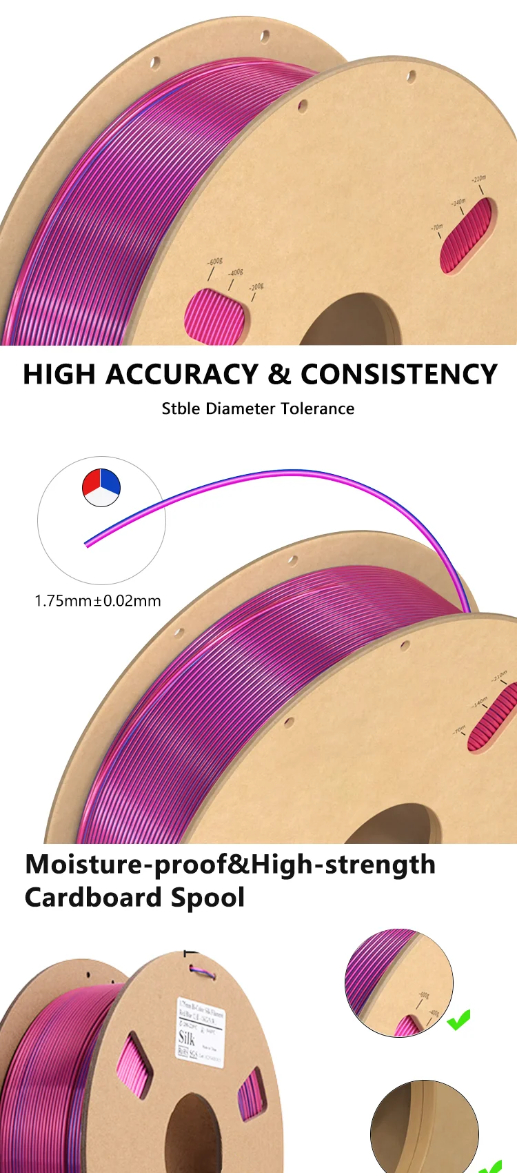 Sundi3d Custom Two Color Tricolor 3D Printer Filament PLA 1.75mm