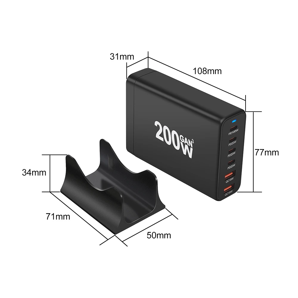 200W 4C2A 6 Ports 200W GaN Multi-function PD Desktop Charger US EU UK ...