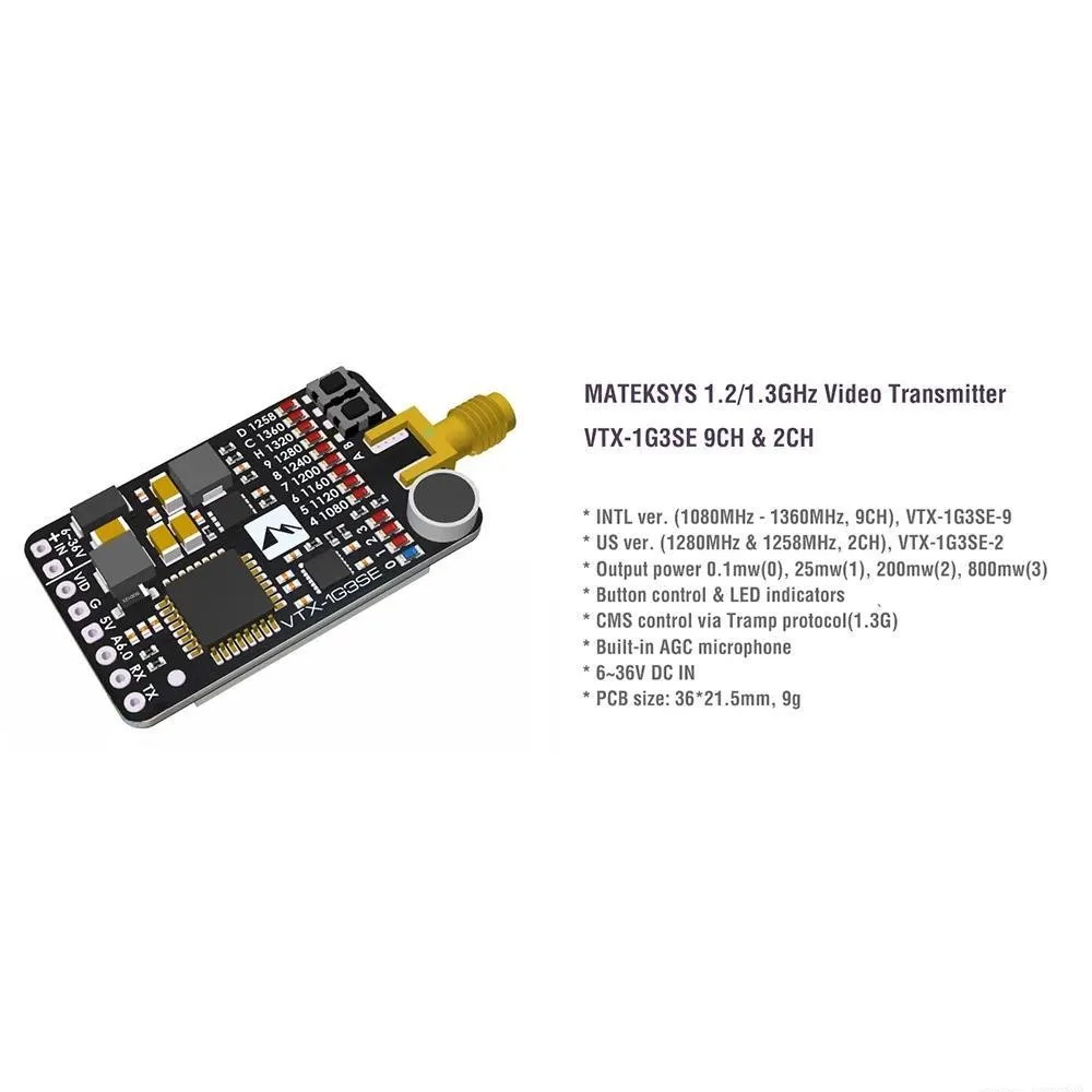 Matek系统vtx-1g3se-9 1.2ghz 1.3ghz 9ch Fpv视频发射器，vrx-1g3-v2 1.2ghz 1.3ghz ...