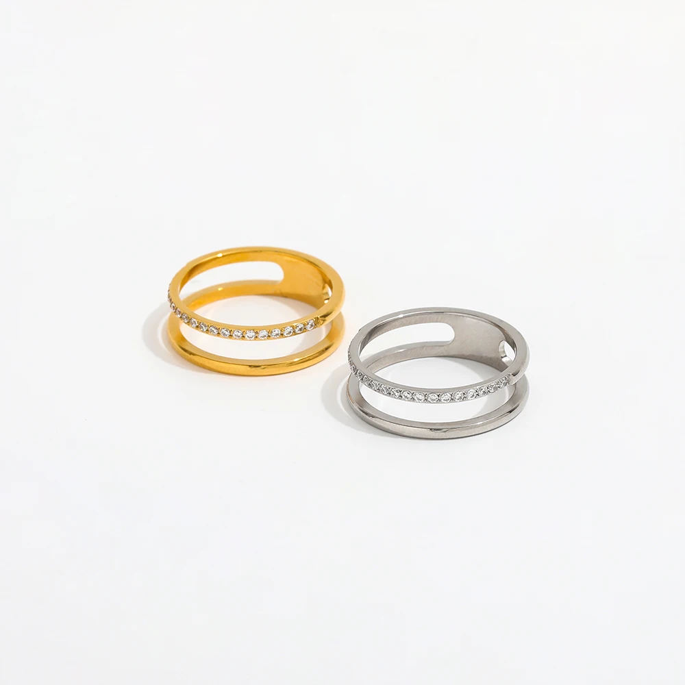 High End 18k Pvd Gold Plated Double Layer Dainty Zirconia Couple Rings ...