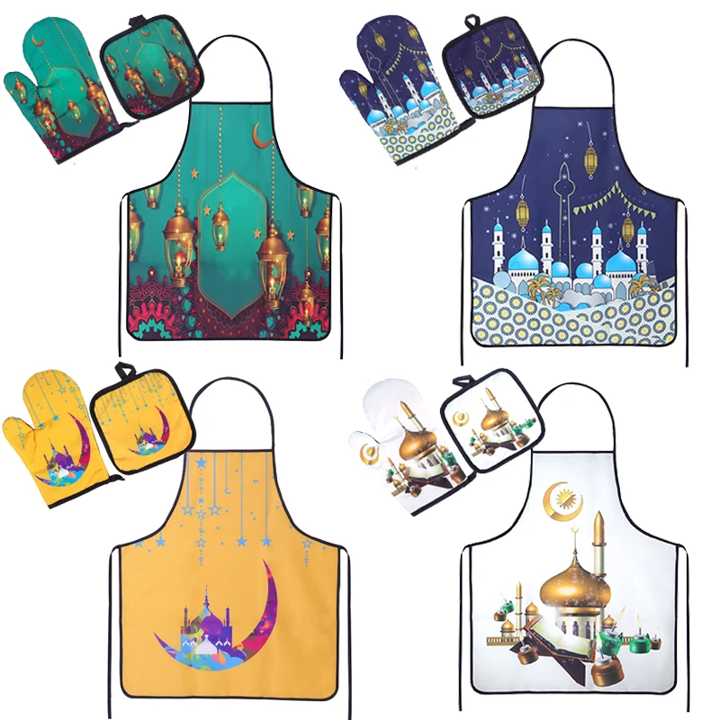 Ramadan Kareem Apron Eid Mubarak Baking Anti-hot Gloves Pad Kitchen Muslim Islamic Party Ramadan ...