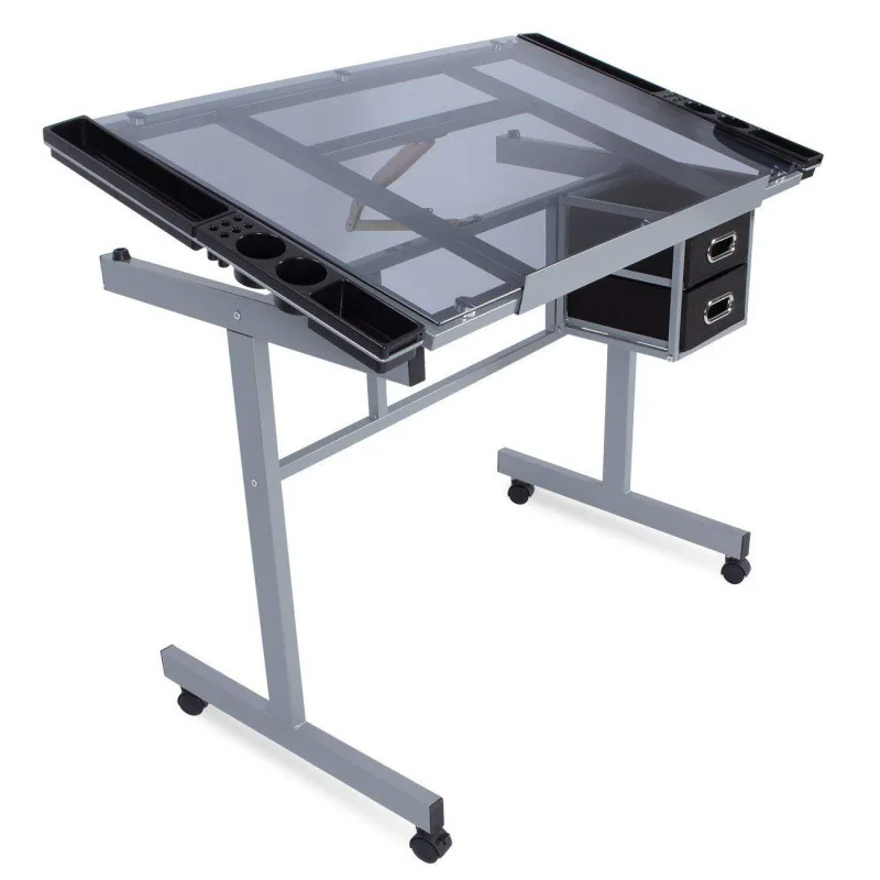 Glass Top Drafting Table Adjustable Drawing Desk Studio and Home ...
