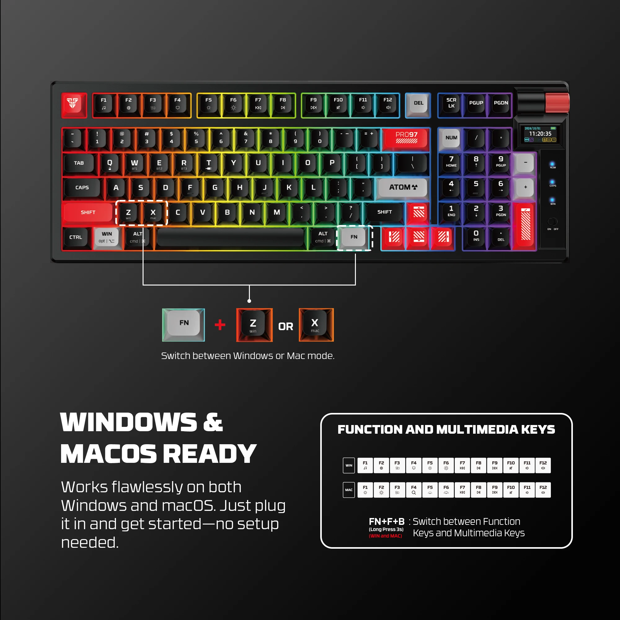 FANTECH MK918 Wireless RGB Gaming Keyboard 97 Keys Mechanical Keyboard ...