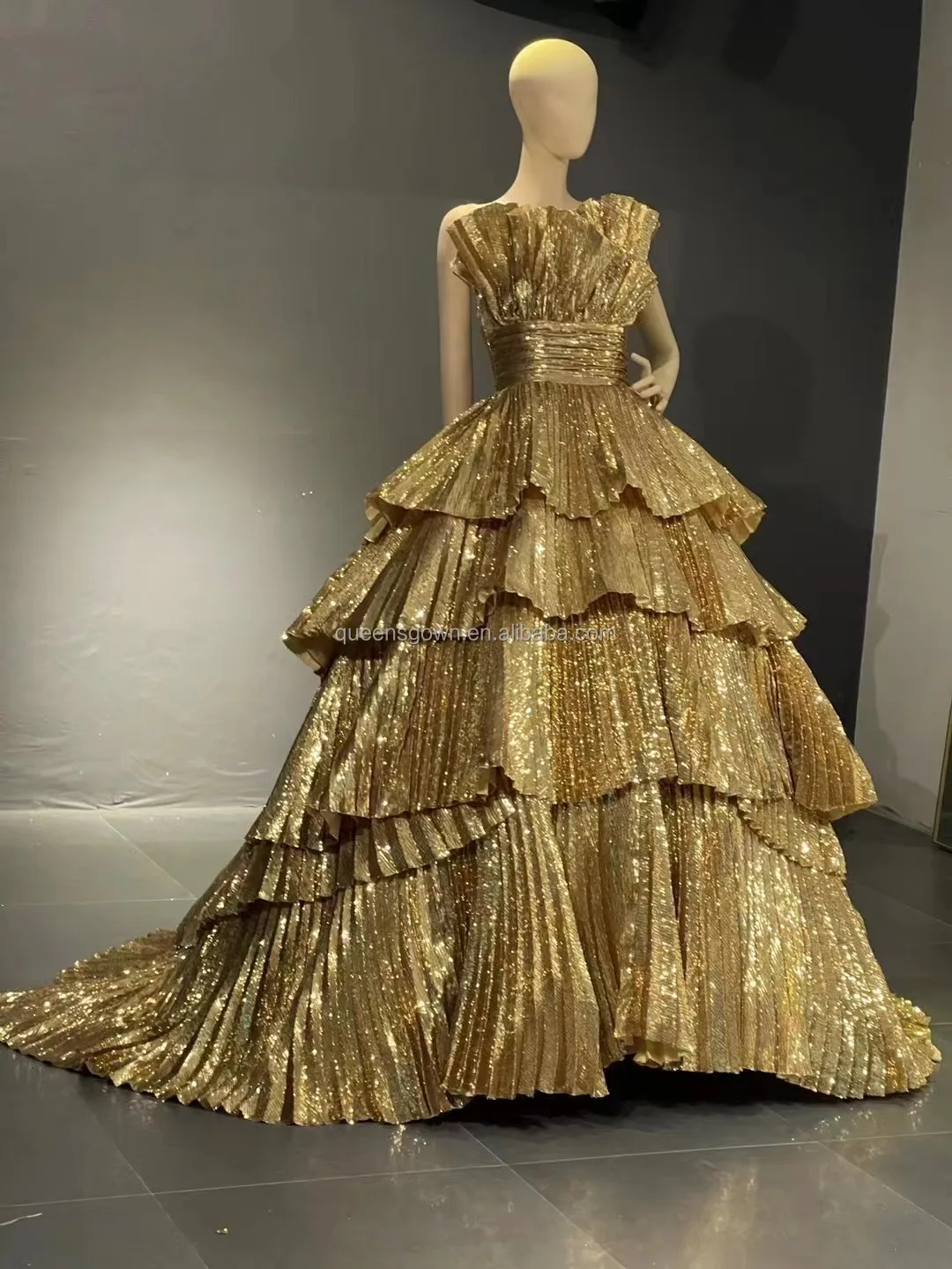 QUEENS GOWN Gold a-Line Layered Stage Dress - Luxury Fashion