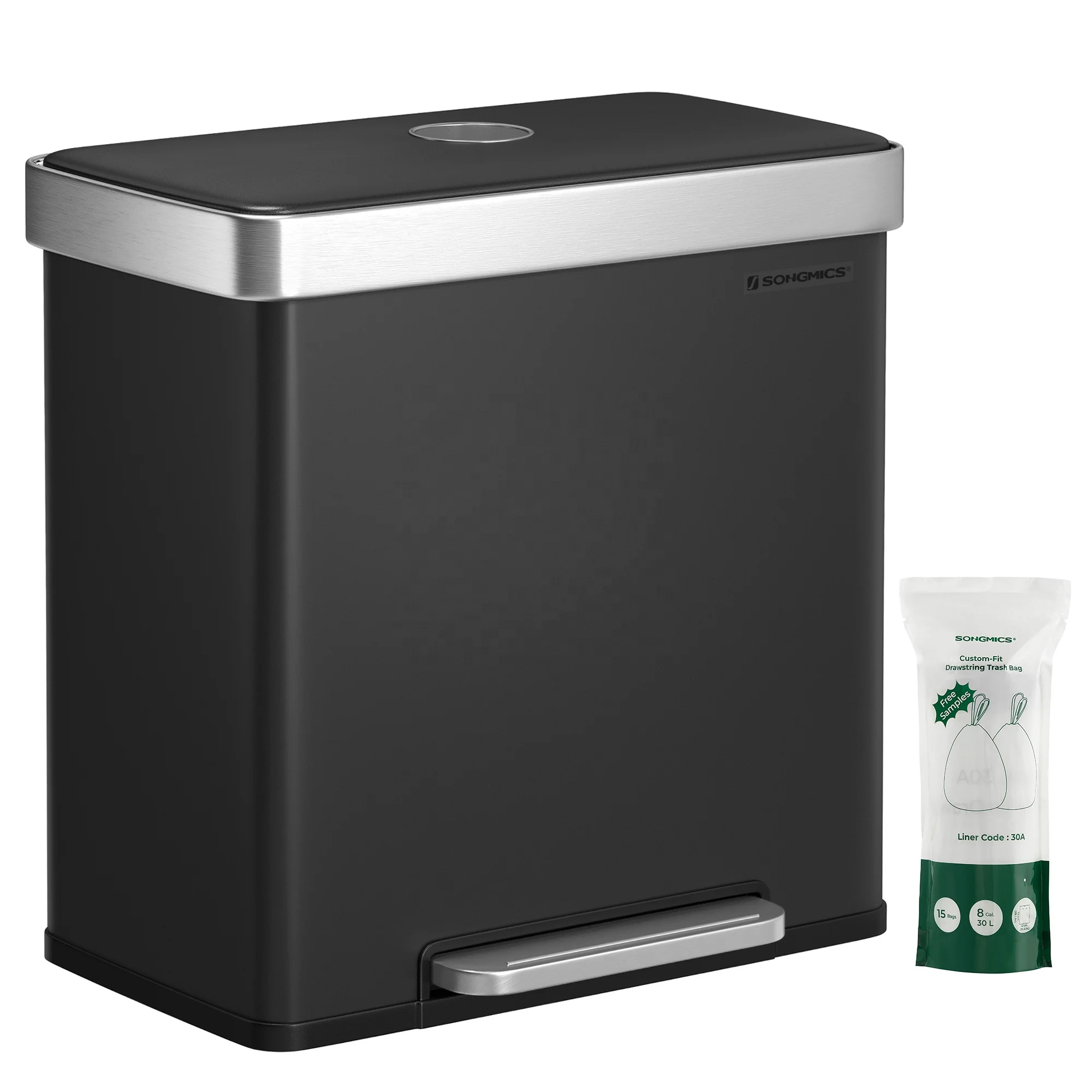 SONGMICS rectangular 2 In 1 Foot Pedal Waste Bin 50L Black Stainless ...