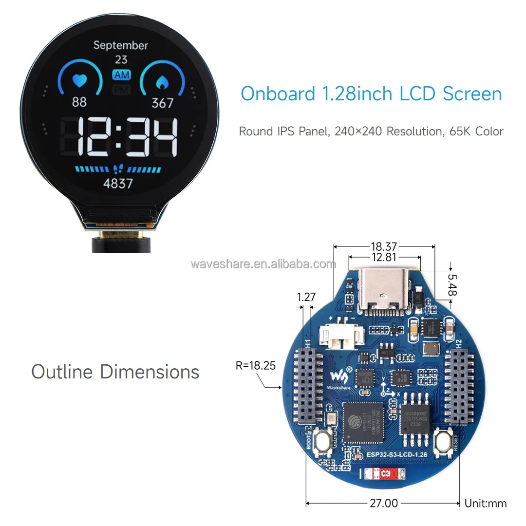 ESP32-S3 Development Board with 1.28inch IPS LCD Display
