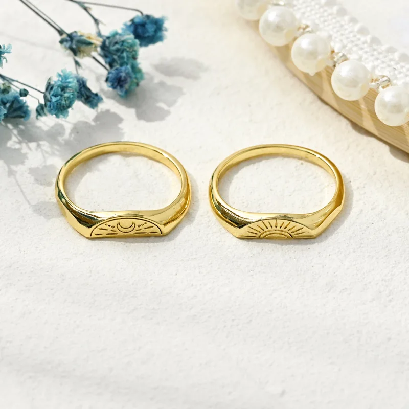 Ins 14k Real Gold Plated Engraved Moon Sun Shape Band Rings Chic High Polished Sun Moon Band ...