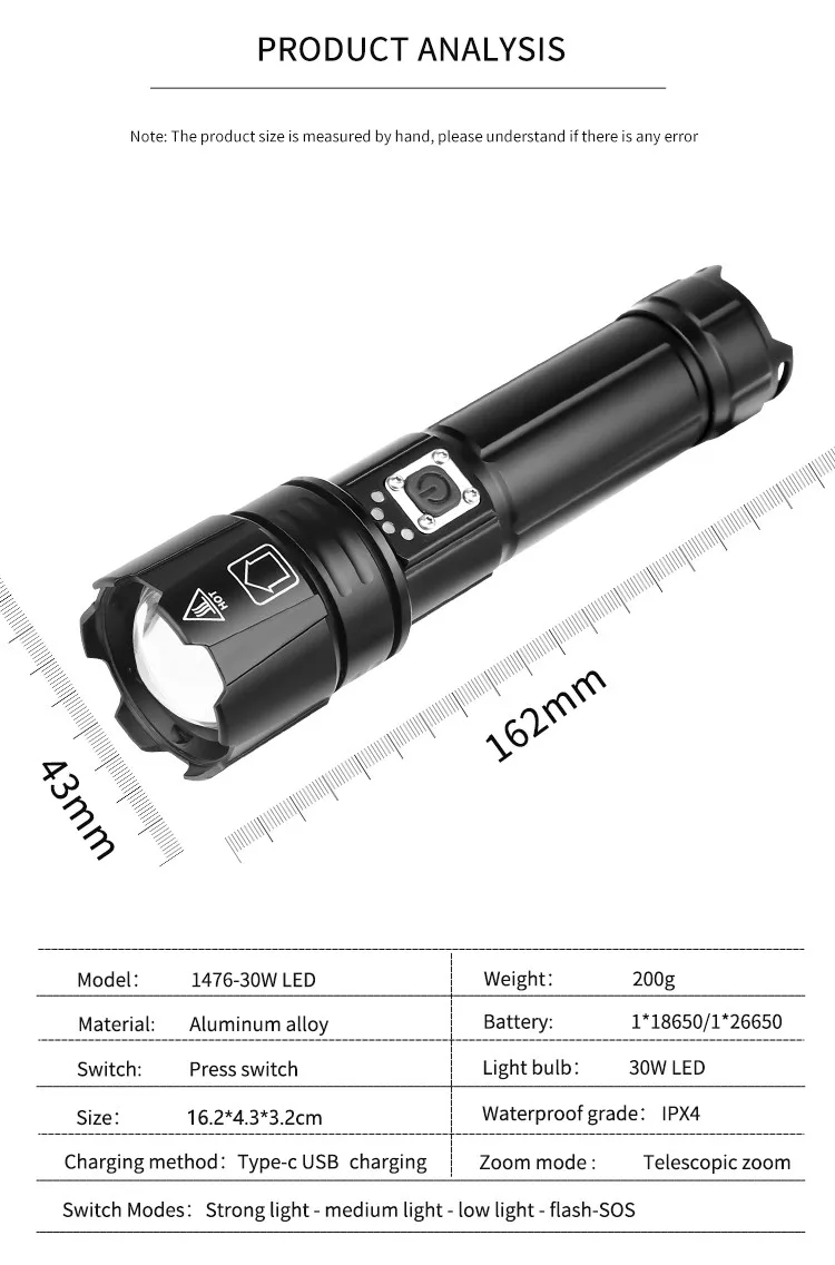 1500 Meters Long Throw LED Flashlight - Rechargeable & Durable