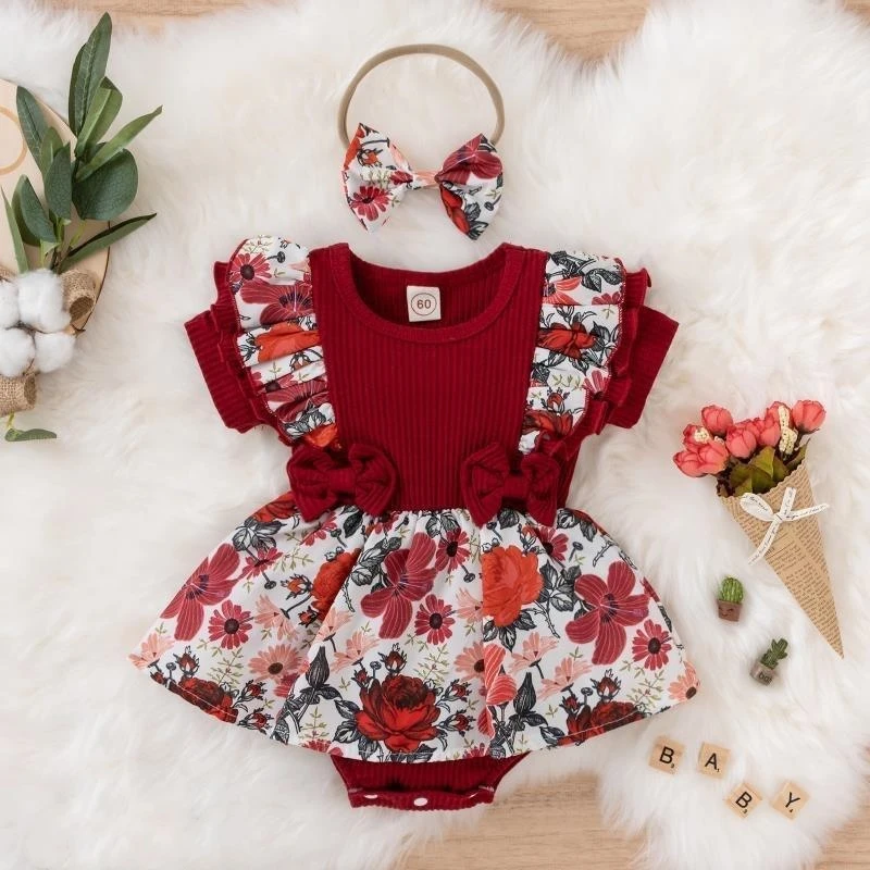 Floral Print Baby Girl Clothes Cute Ruffle Short Sleeve Baby Rompers ...