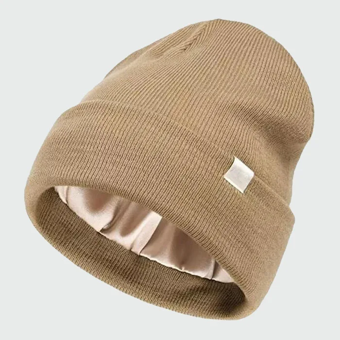 Custom Logo Cotton Knit Beanie with Satin Lined Beanie Silk Inside