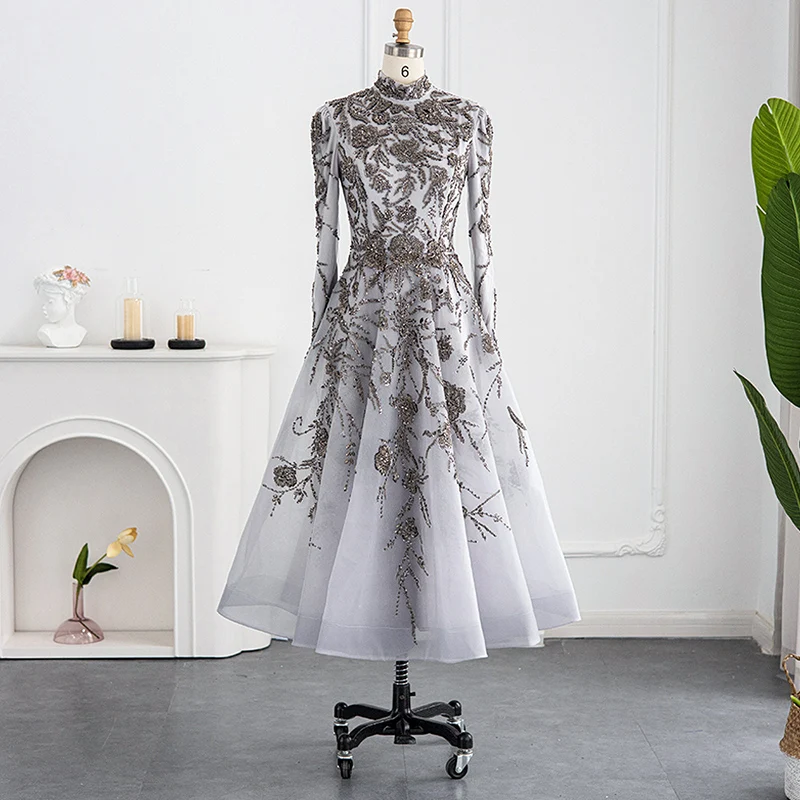 Jancember Lscz142 Elegant High Neck Pattern Long Sleeve Pleat Floor ...