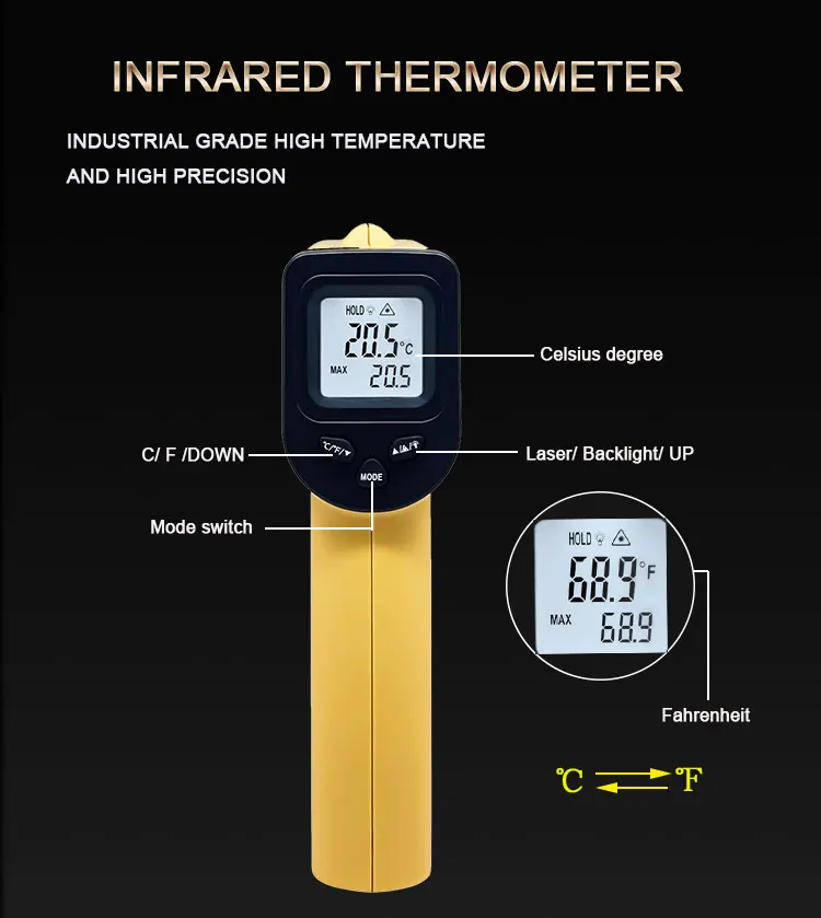Non Contact Industrial IR Digital Infrared 500C Thermometer for Pizza ...
