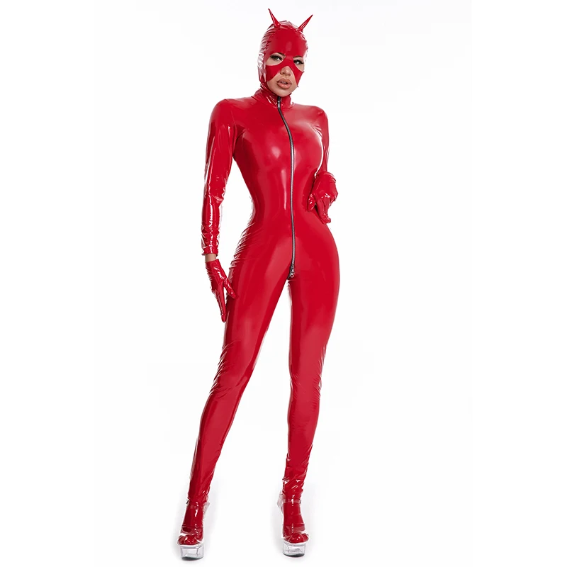 Nightclub Cat Zipper Long Sleeve Bodycon Jumpsuit Leather Plus Size