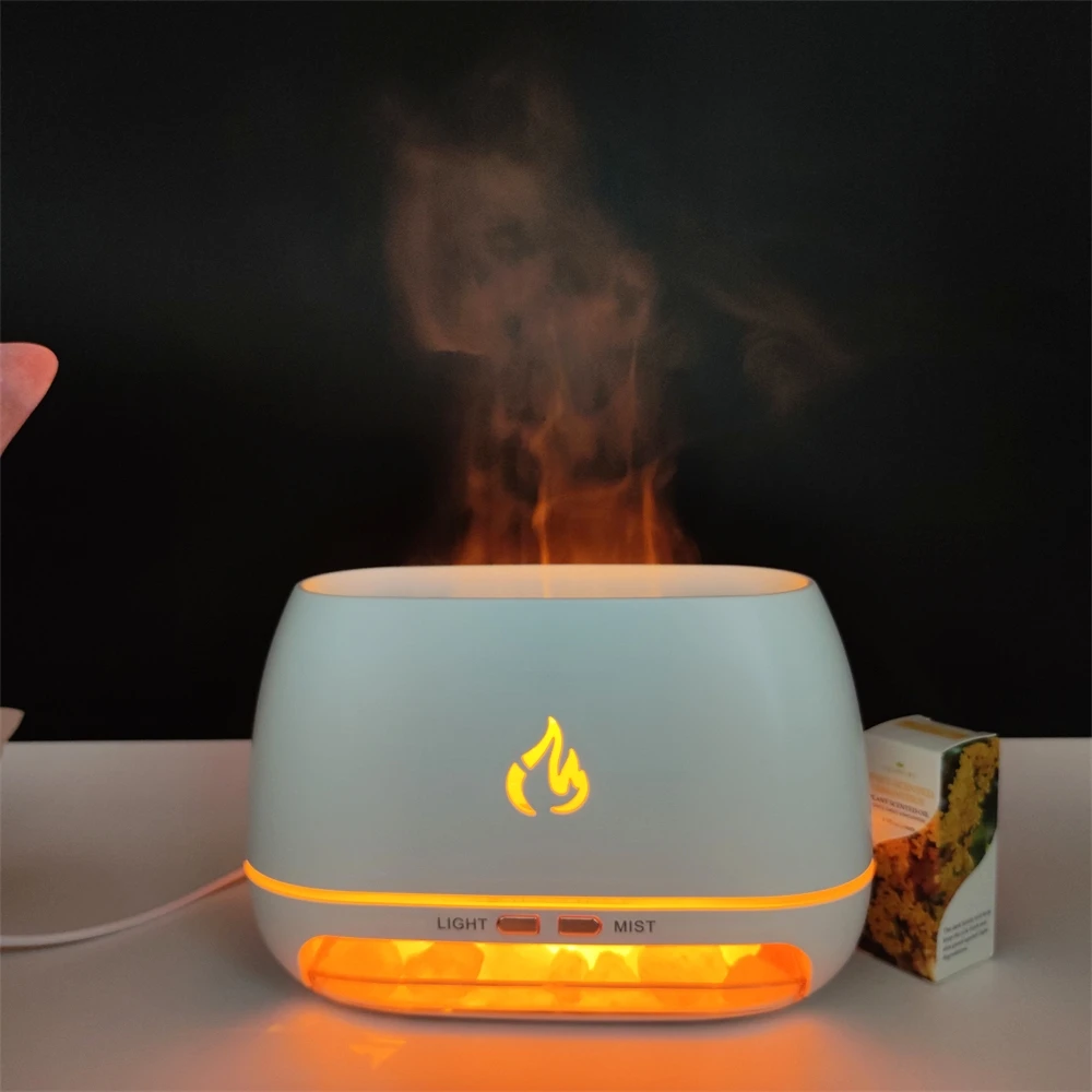 Wood Grain Himalayan Crystal Salt Stone Aroma Humidifiers 3D Flame Fire ...