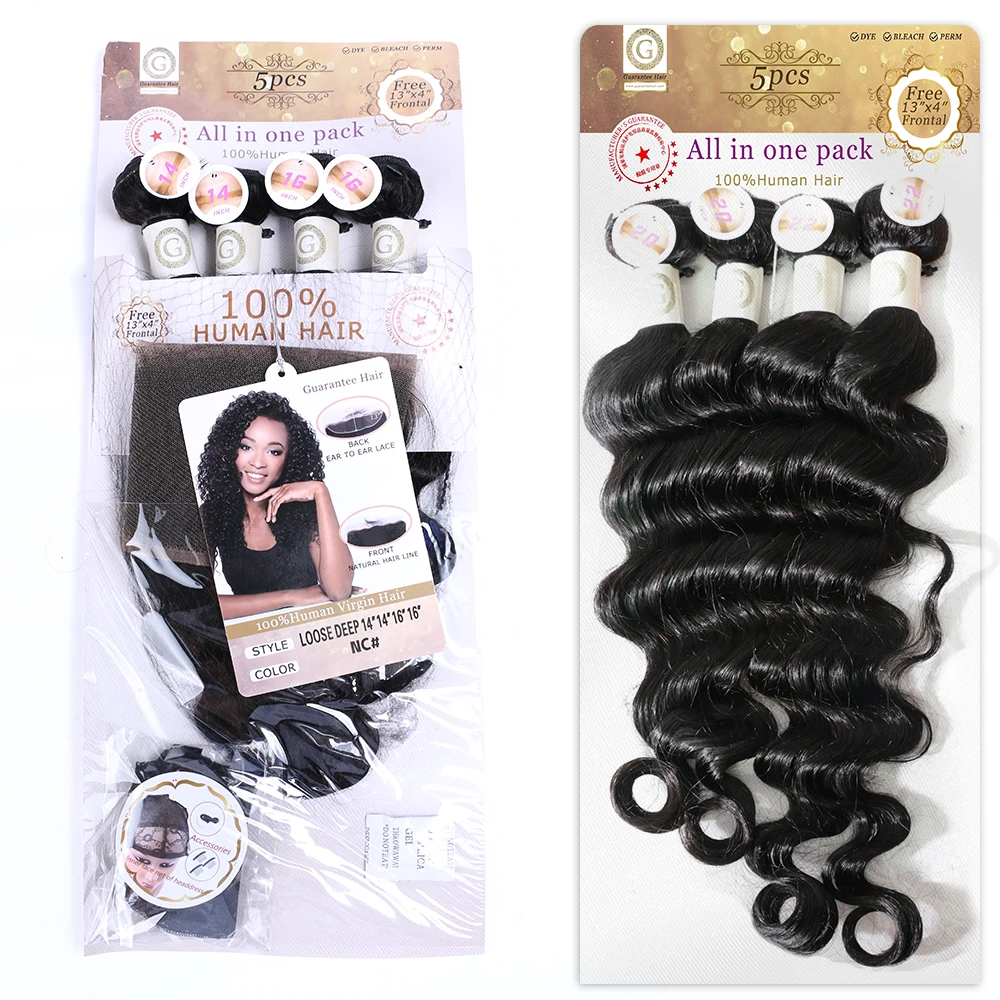 Packet Hair Loose Deep 100 % Human Hair 4 Bundles And One Free Frontal ...